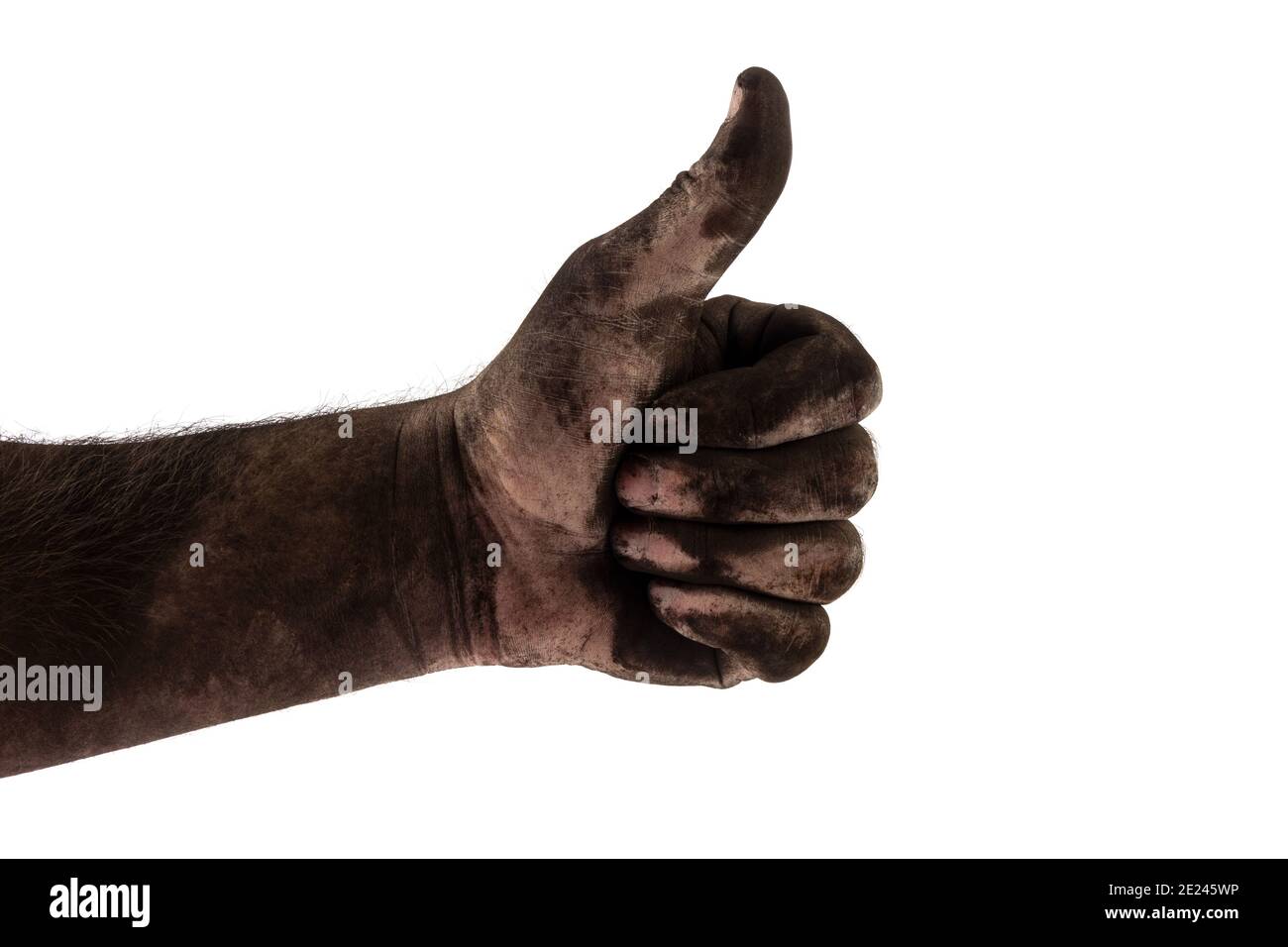 men's dirty black hand shows class isolated on white background Stock ...