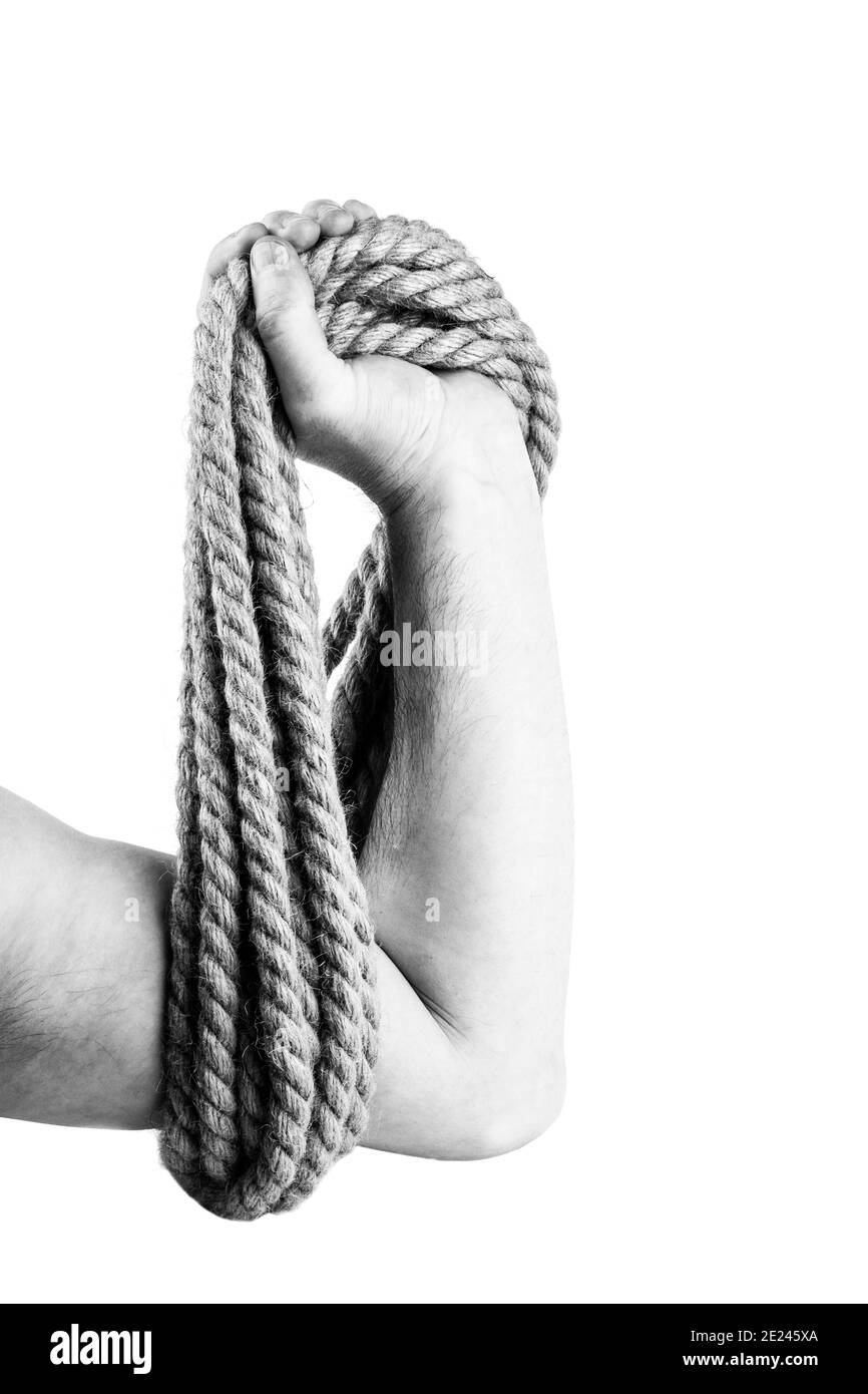 male hand with a skein of rope isolated on white background, black and ...