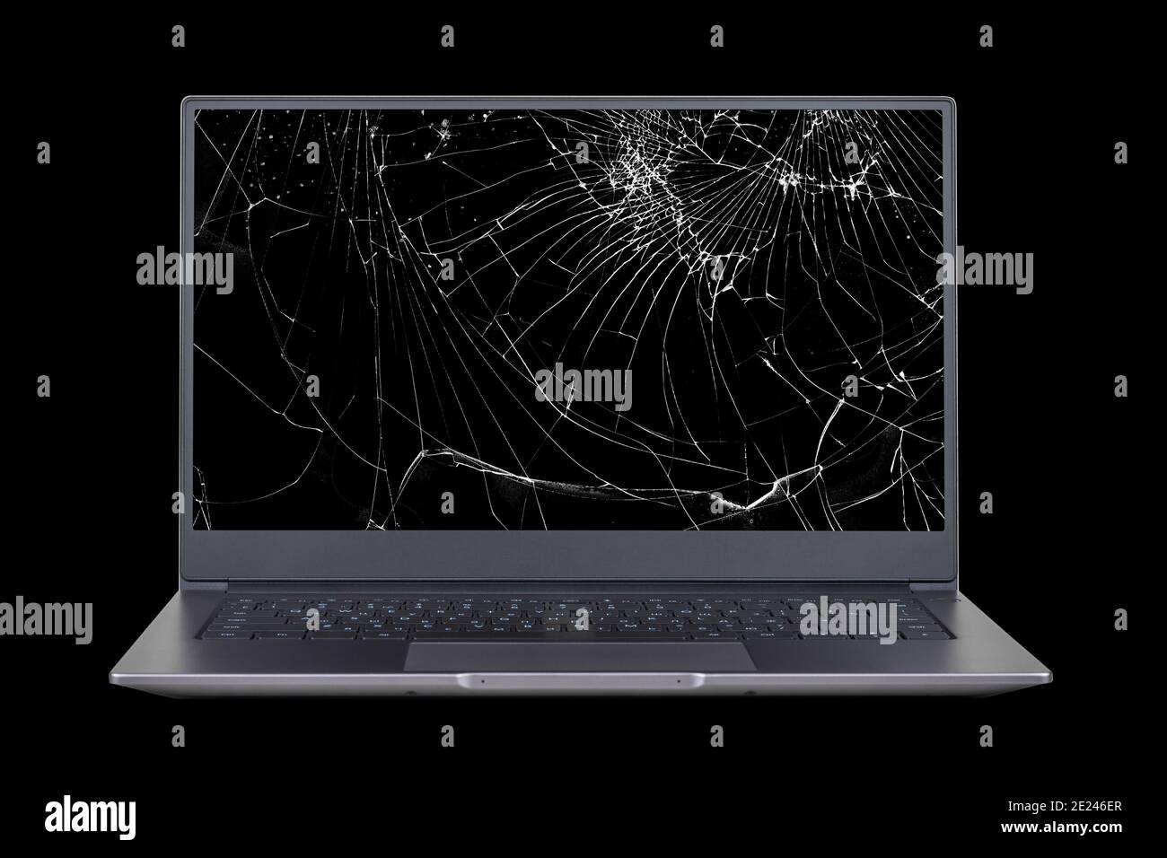 laptop with a broken, cracked screen isolated on black background close ...