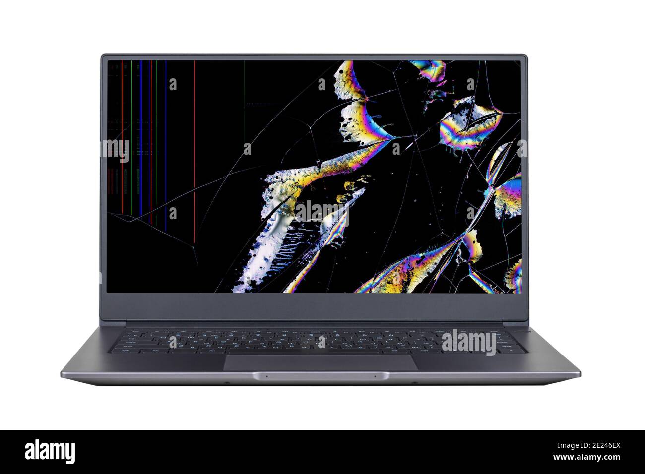 laptop with a broken screen in color spots and cracks isolated on white ...
