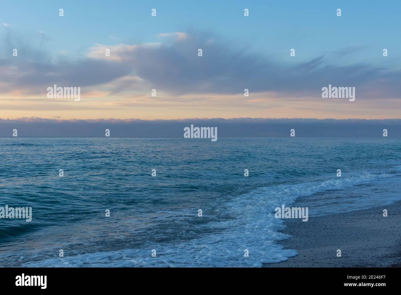 Blue evening serene sea. Calm seascape in azure and pearl shades ...