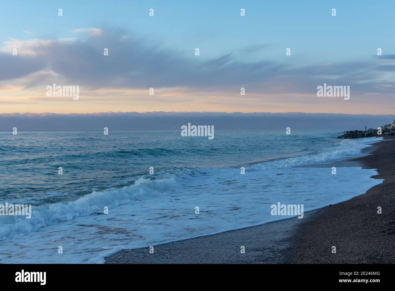 Blue evening serene sea. Calm seascape in azure and pearl shades ...