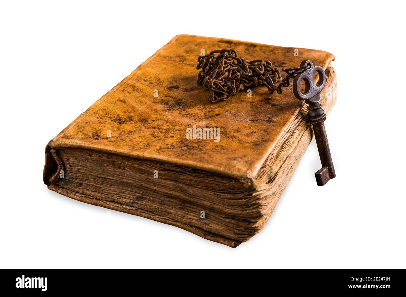 Old key with chain on an book isolated on white Stock Photo - Alamy