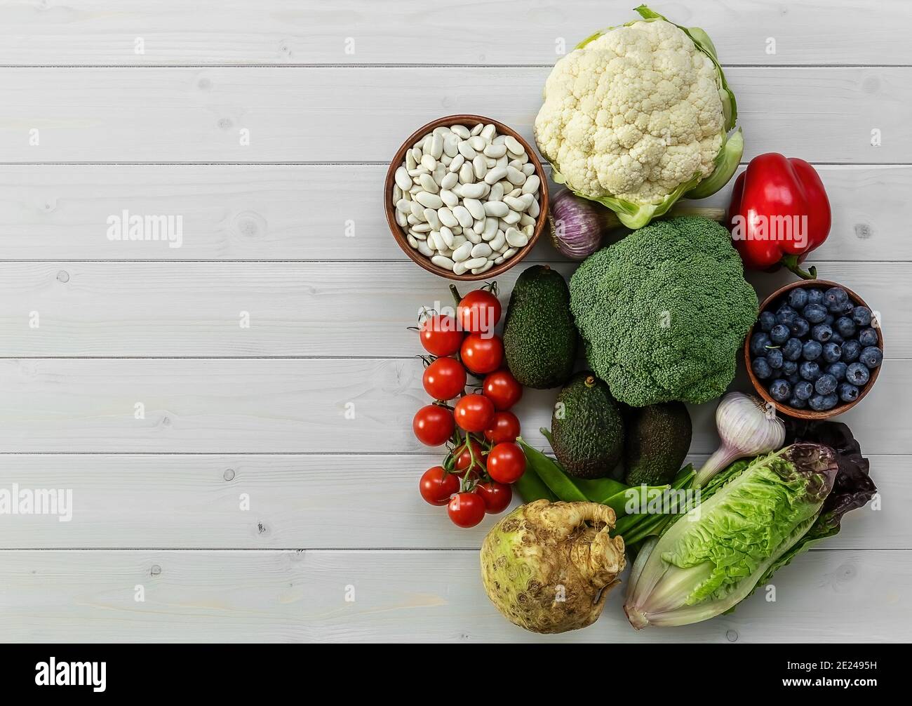 Healthy food background, trendy plant based diet products - fresh raw ...