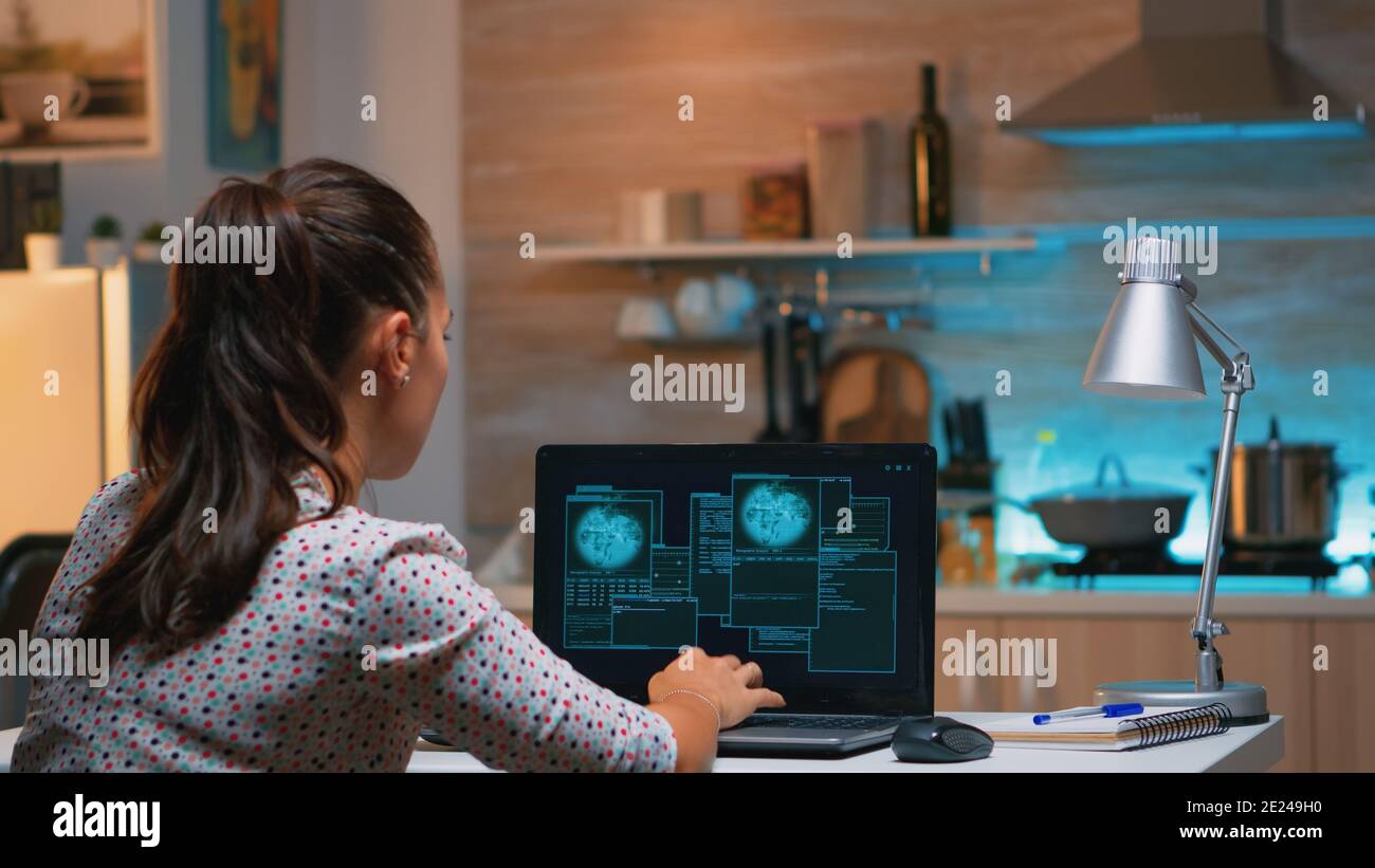 Hacker Woman Finishing Succesfully Hacking Company System Stealing Database Company Programmer