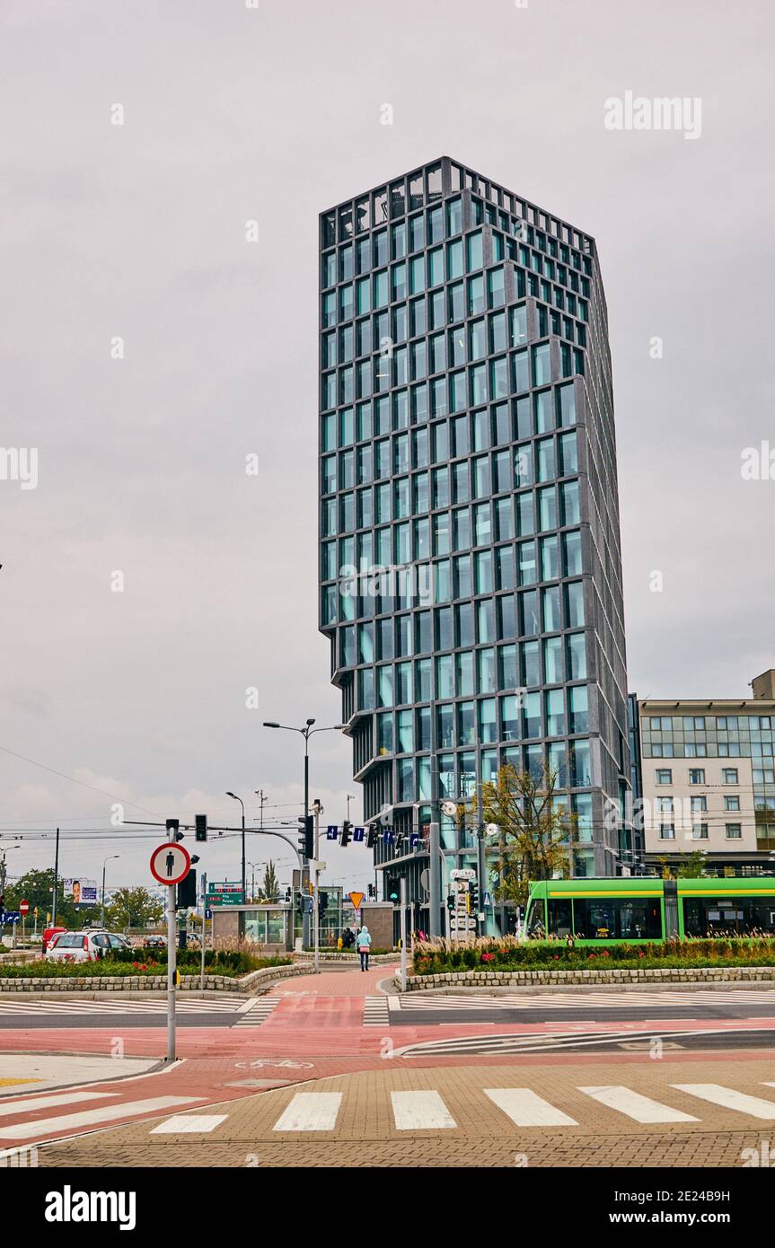 POZNAN, POLAND - Oct 10, 2017: High Baltyk office building and a green ...