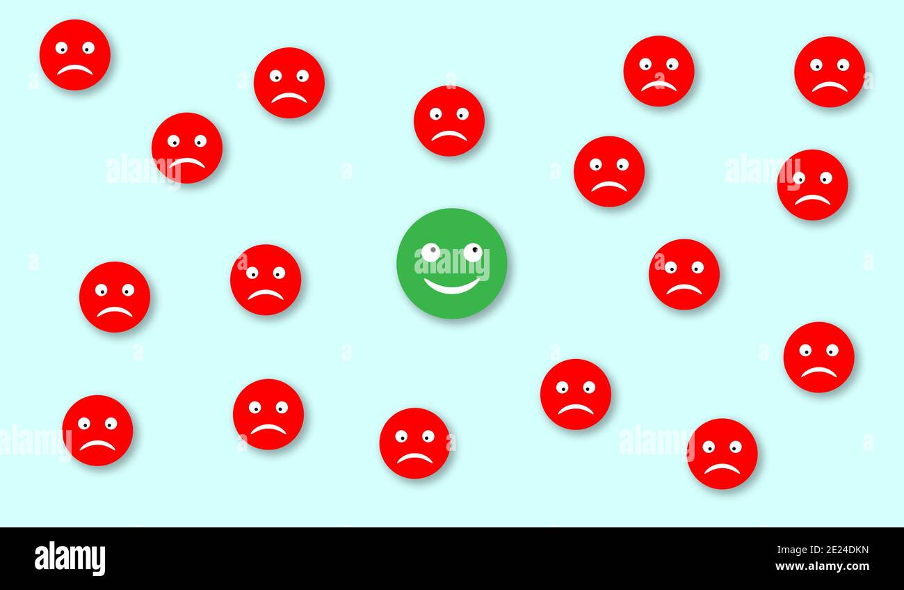 Happy green face arrounded with sad red faces. Concept of optimism and ...