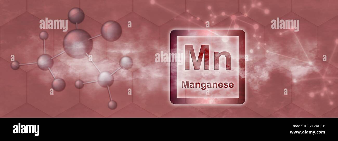 Mn symbol. Manganese chemical element with molecule and network on red ...