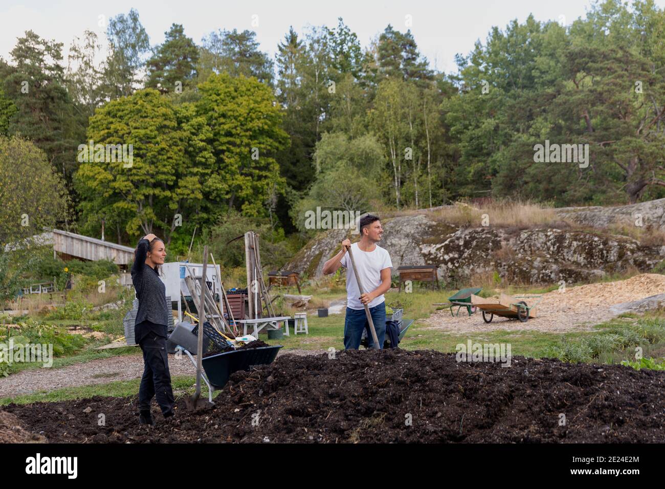 Young couple digging in garden Stock Photo - Alamy