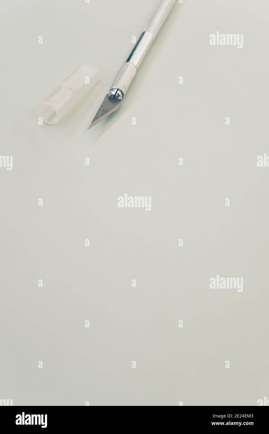 Vertical shot of the metallic scalpel with cap isolated on light gray ...