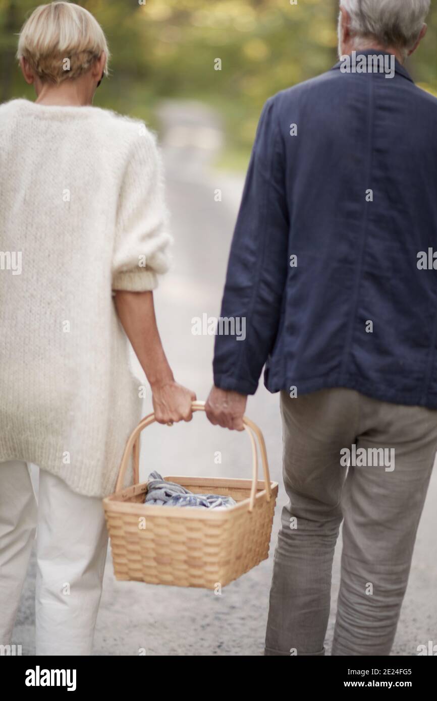 Couple carrying picnic basket together Stock Photo - Alamy