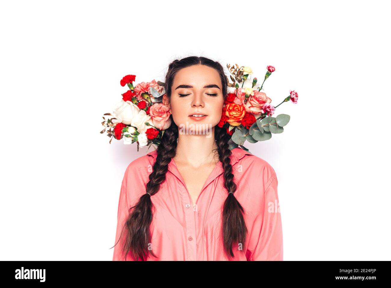 Beautiful nymph woman on a white background, in her hair she has ...