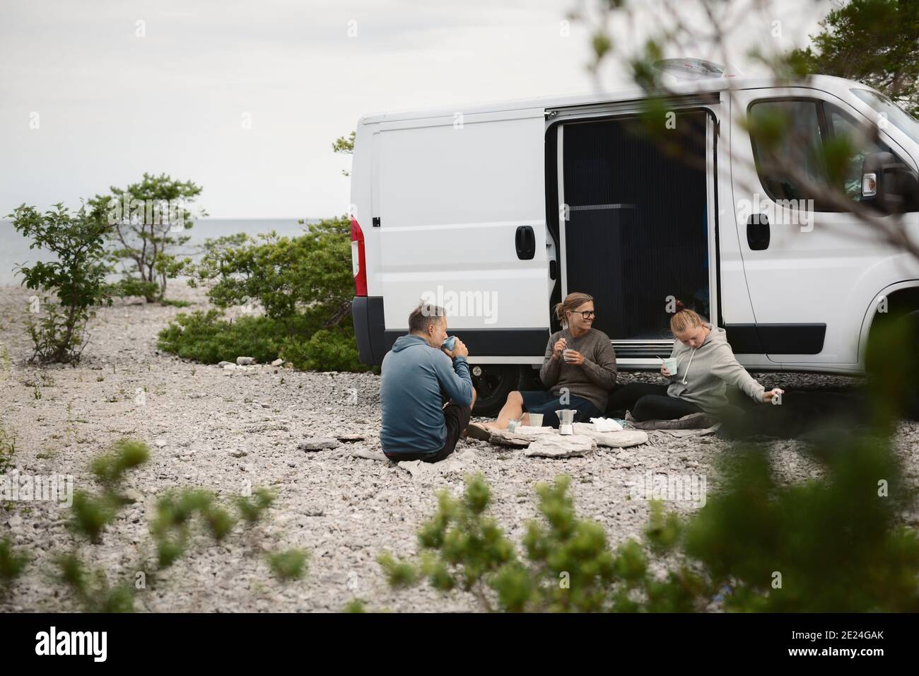 Family having picnic near van Stock Photo - Alamy