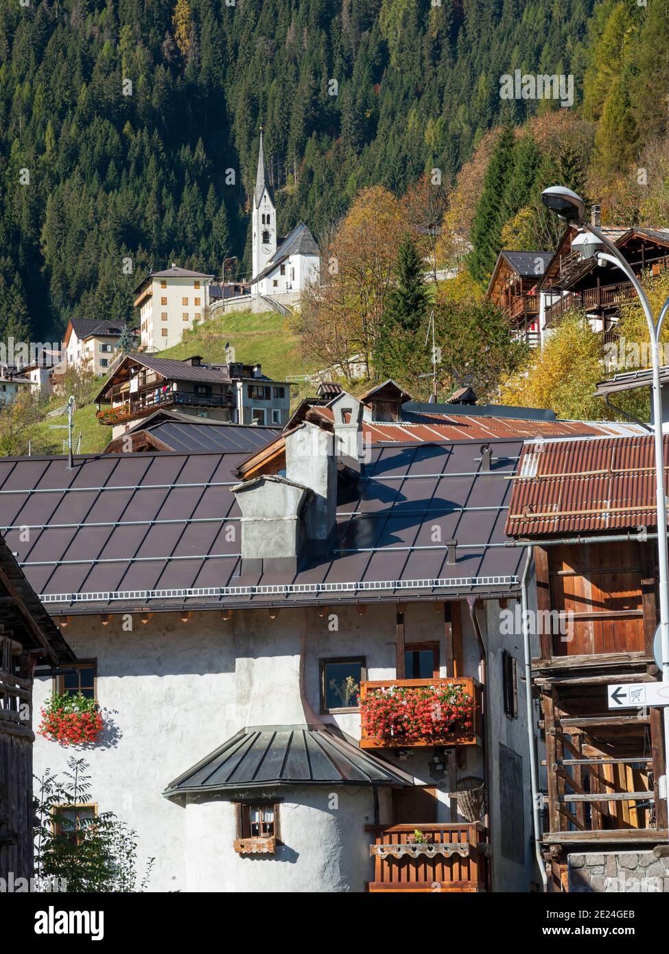 Traditional alpine architecture in Falcade in Val Biois. Europe ...