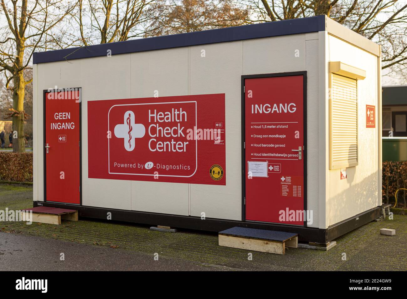 ZUTPHEN, NETHERLANDS - Jan 01, 2021: Health Check Center in a parking ...