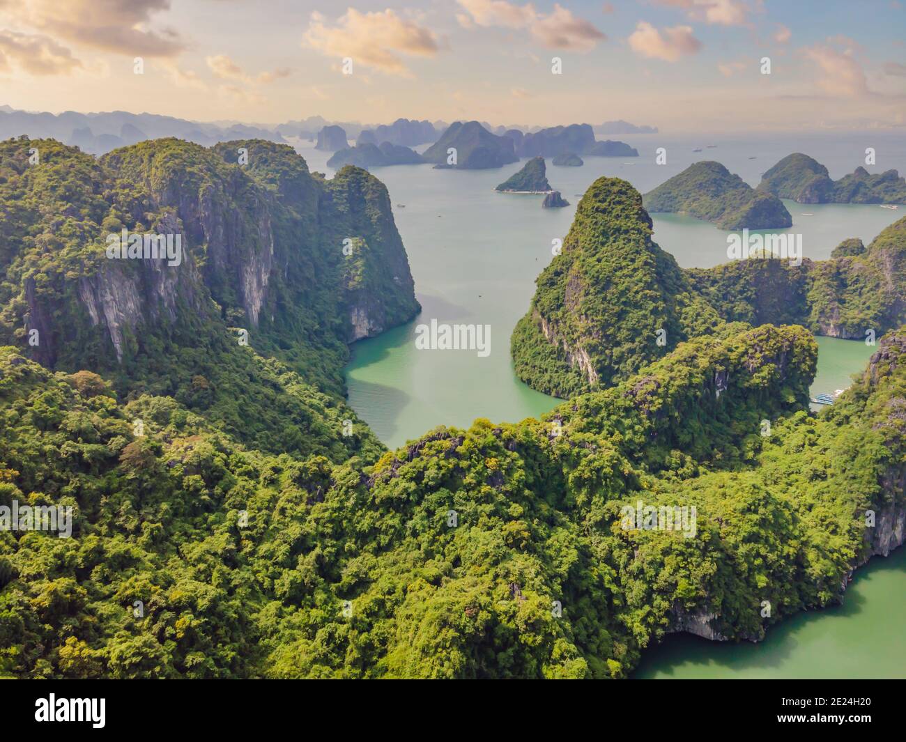 Aerial view panorama of floating fishing village and rock island ...
