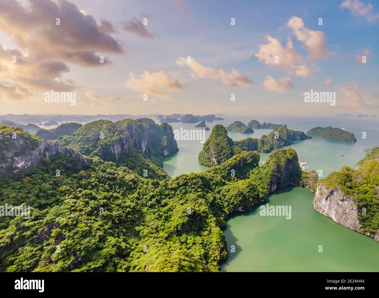 Aerial view panorama of floating fishing village and rock island ...