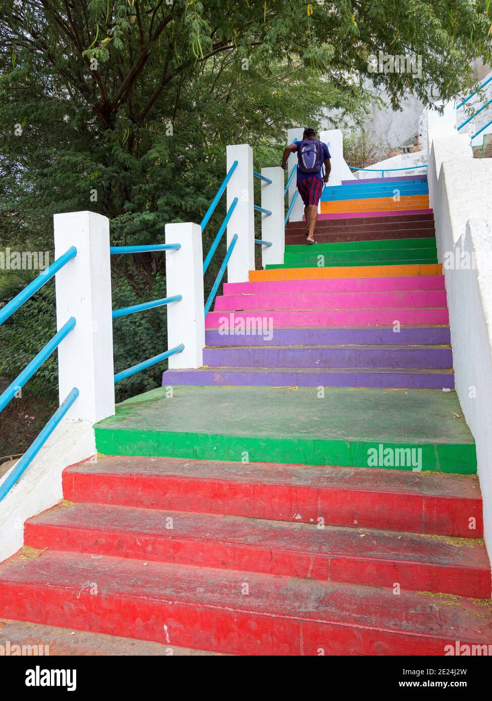 Stairs leading up to Plato. The capital Praia on the island of Santiago ...