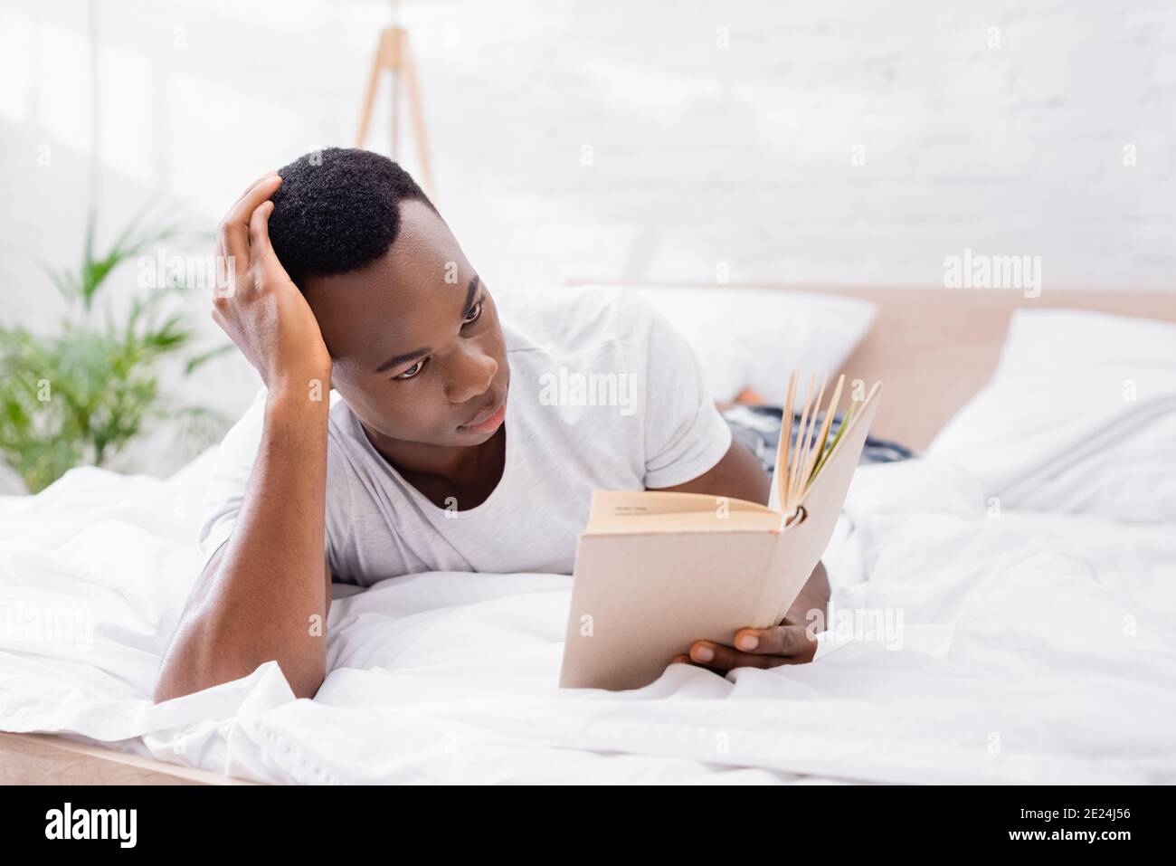 Focused african american man reading book on bed at home Stock Photo ...