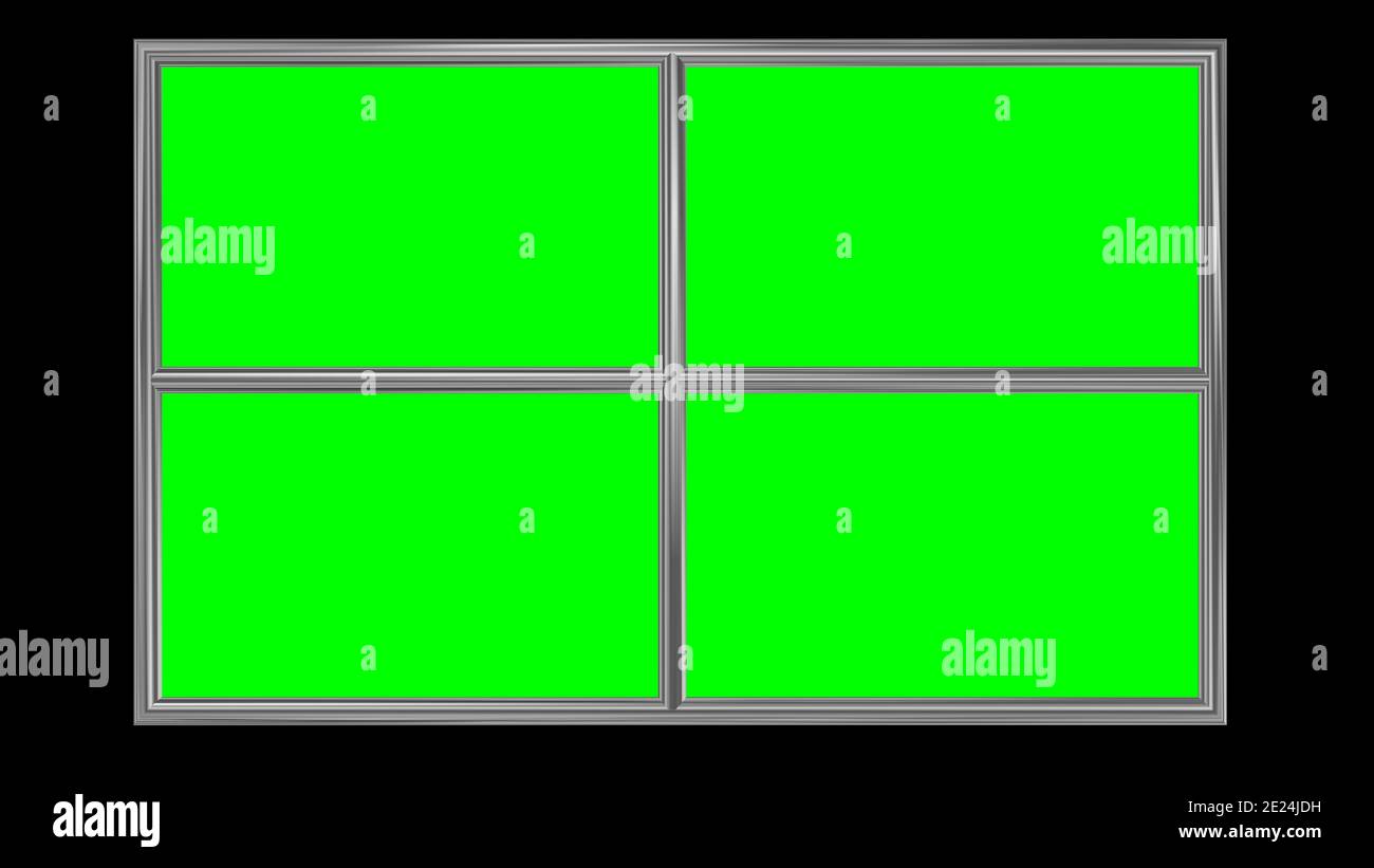 Opening window . Shiny metal frame . Green screen panels instead of ...