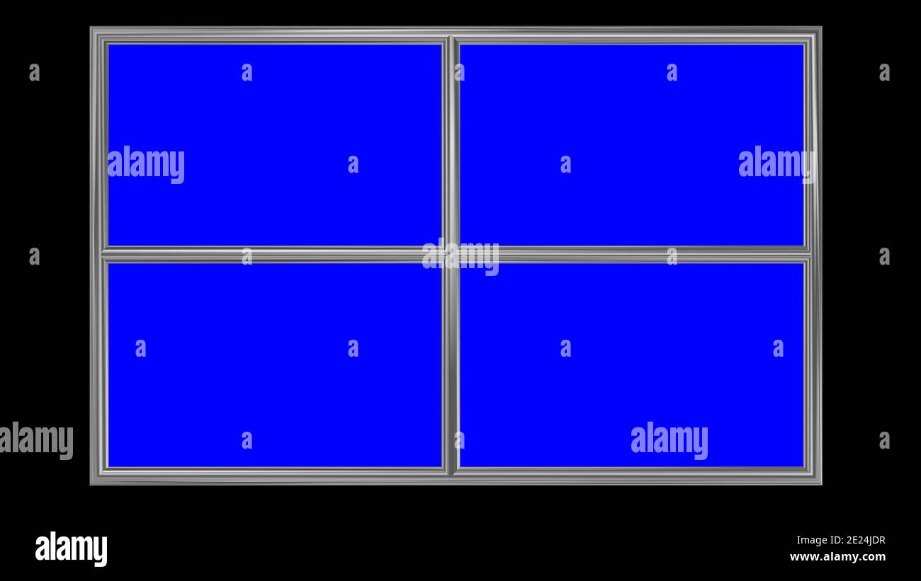 Opening window . Shiny metal frame . Blue screen panels instead of ...