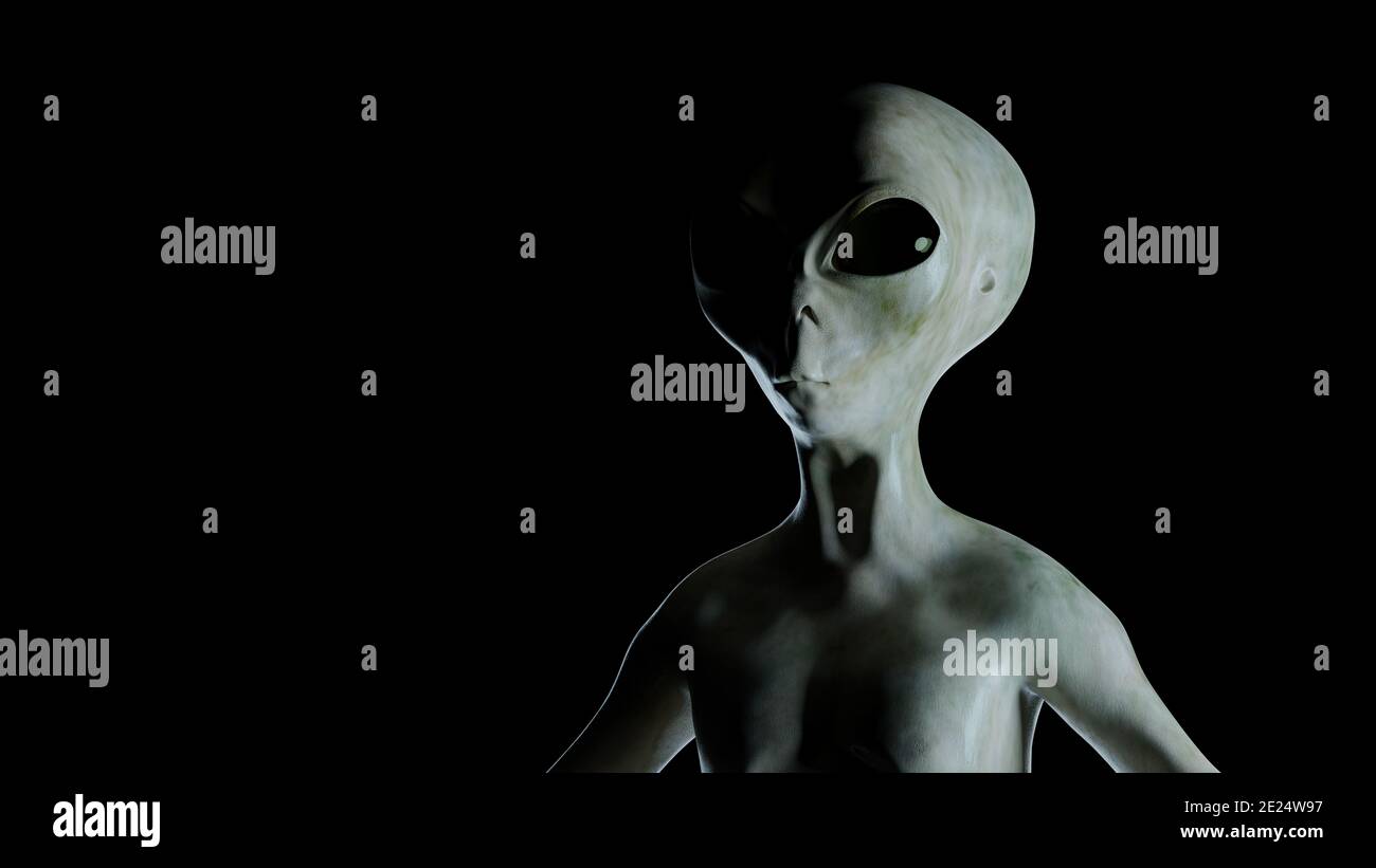 Spooky alien illuminated by light on black background. 3D rendered ...