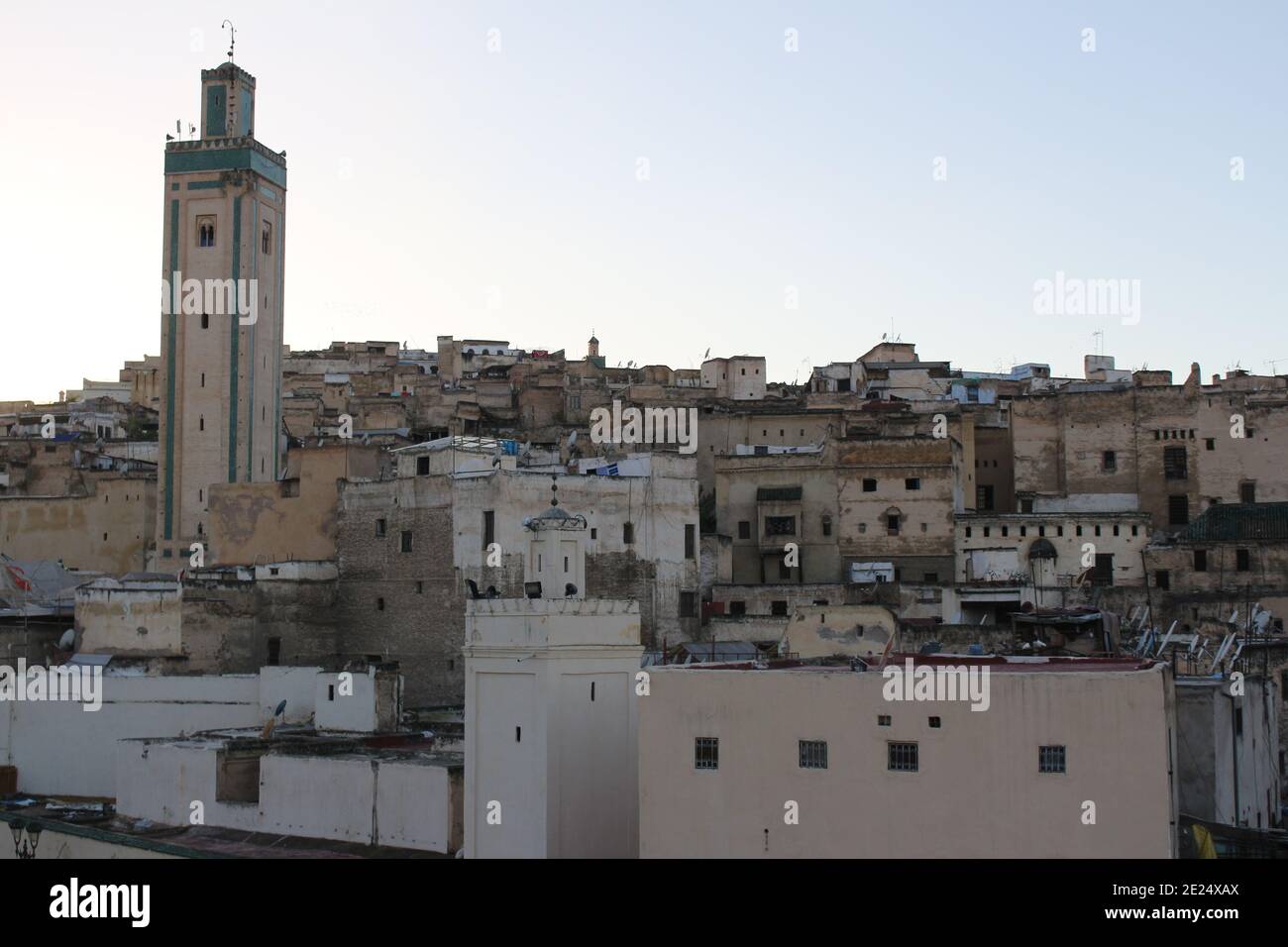 Landscape of old building houses with mountain background in Fes City ...
