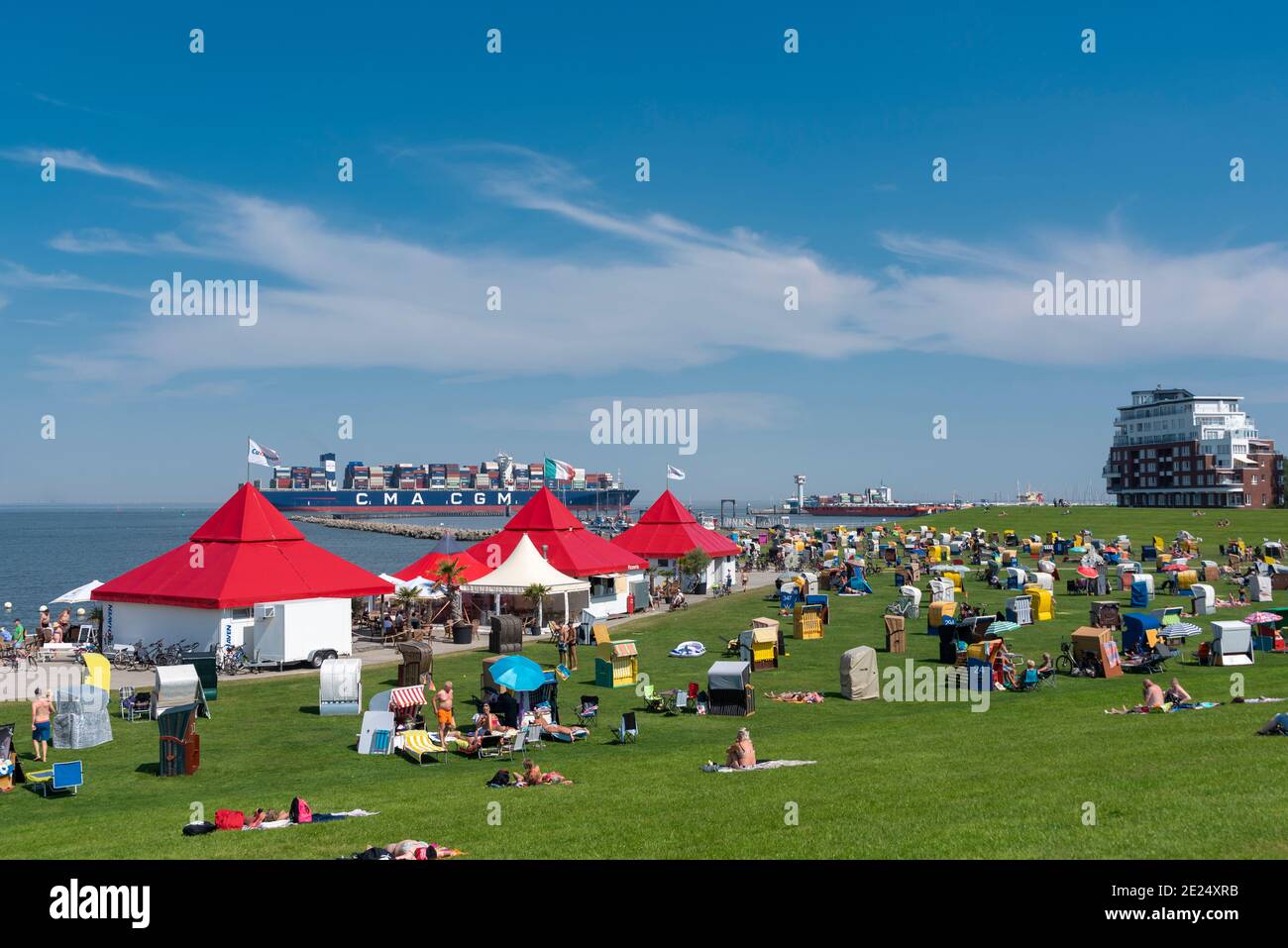 Grassy beach Grimmershoerner-Bay, Cuxhaven, Lower Saxony, Germany ...