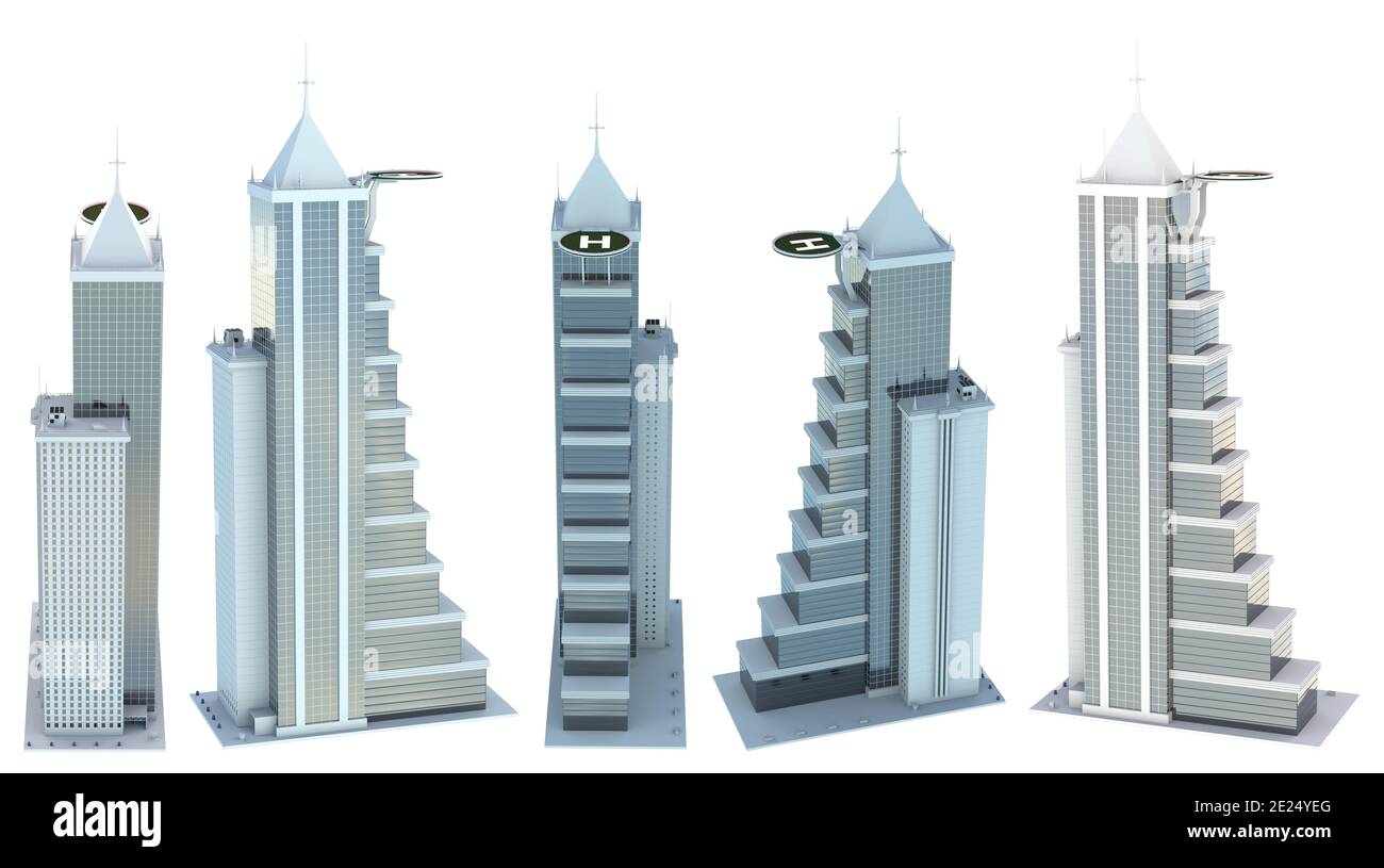 5 renders of fictional design skyscrapers with helipad with blue cloudy ...