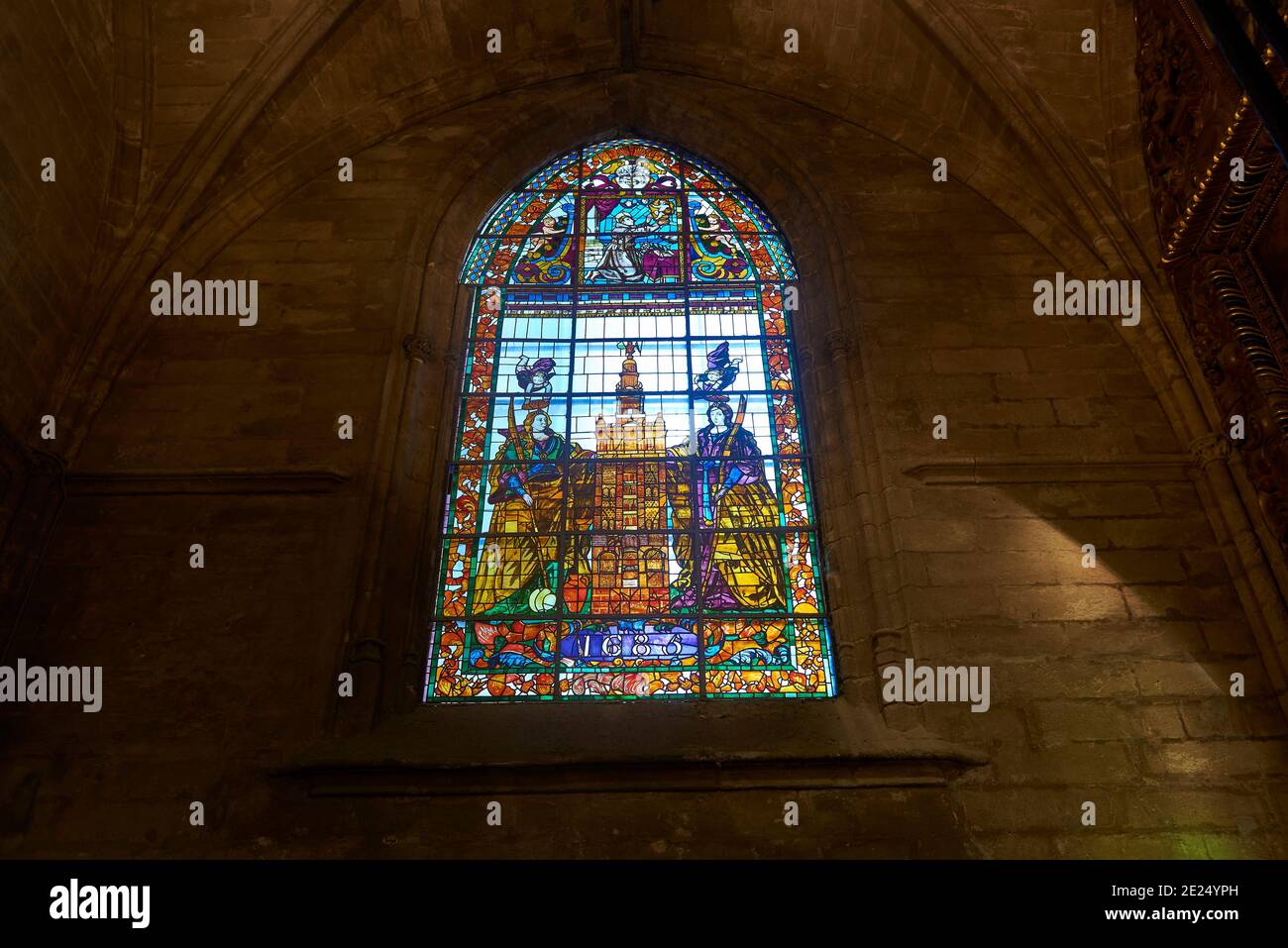 Seville, Andalusia, Spain, Colourful stained glass windows with ...