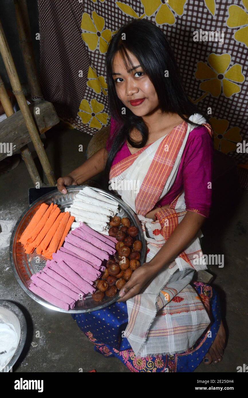 Nagaon, Assam, India - 12 January 2021:An Assamese girl display the ...