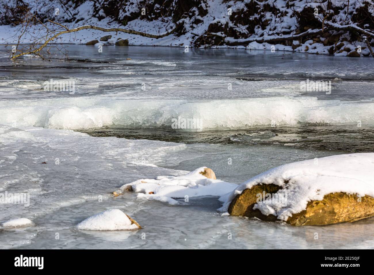 Frozen river with Stone, Ice and Snow. Winter Background Stock Photo ...