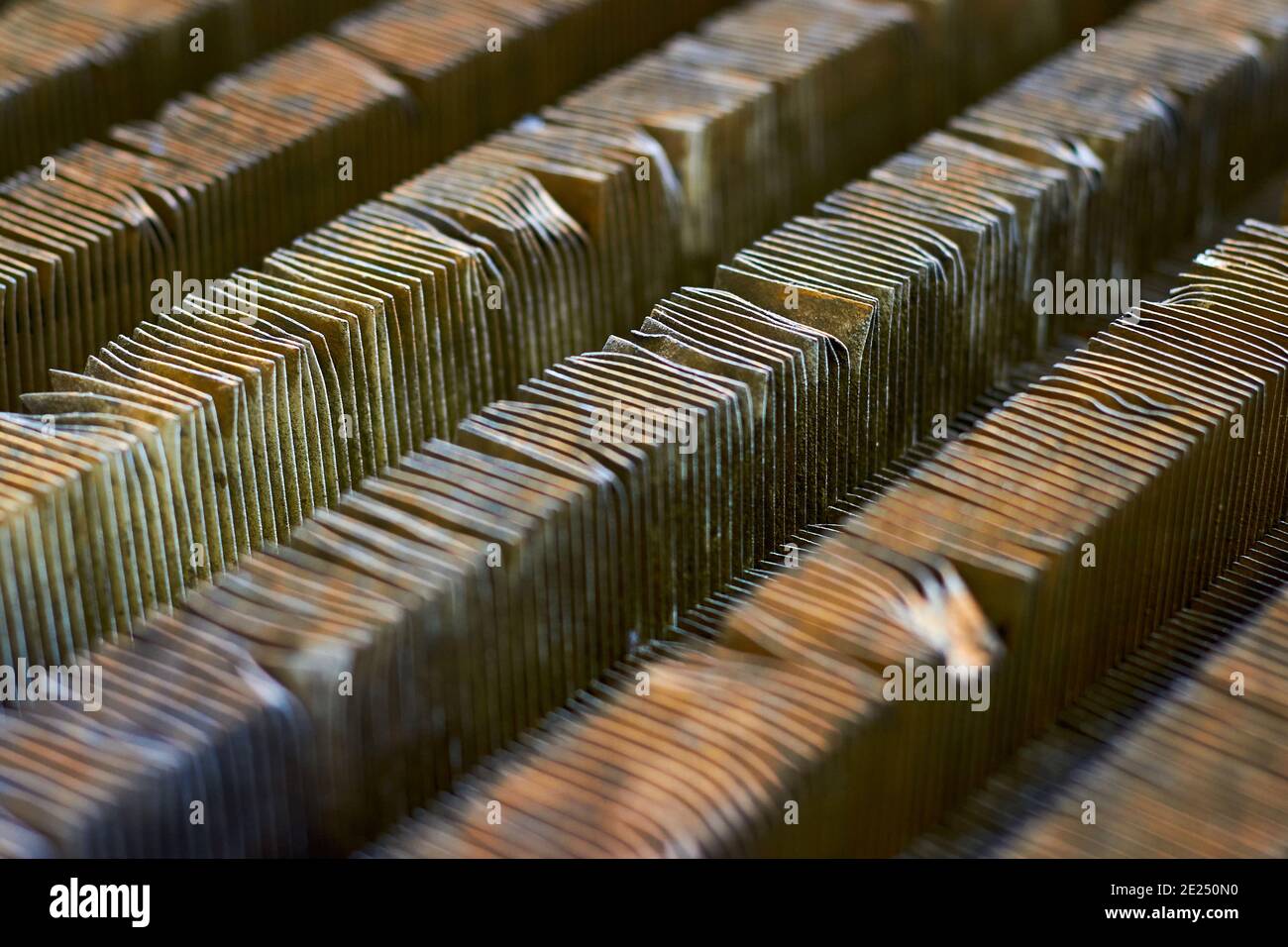 Plate-fin heat exchanger surface closeup diagonal texture. Old heat ...