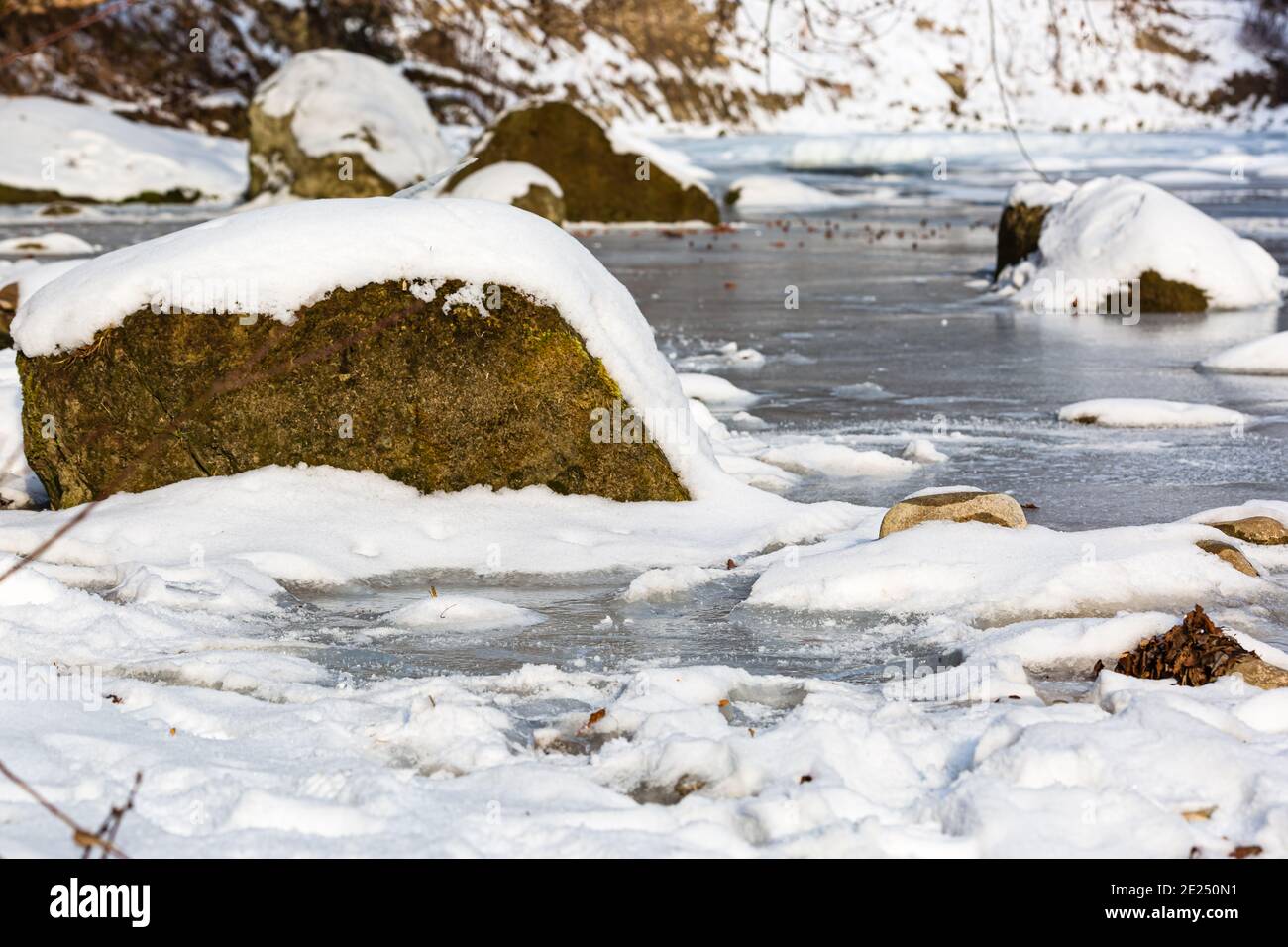 Frozen river in Winter. Stones covered with ice and snow.Winter Background Stock Photo - Alamy