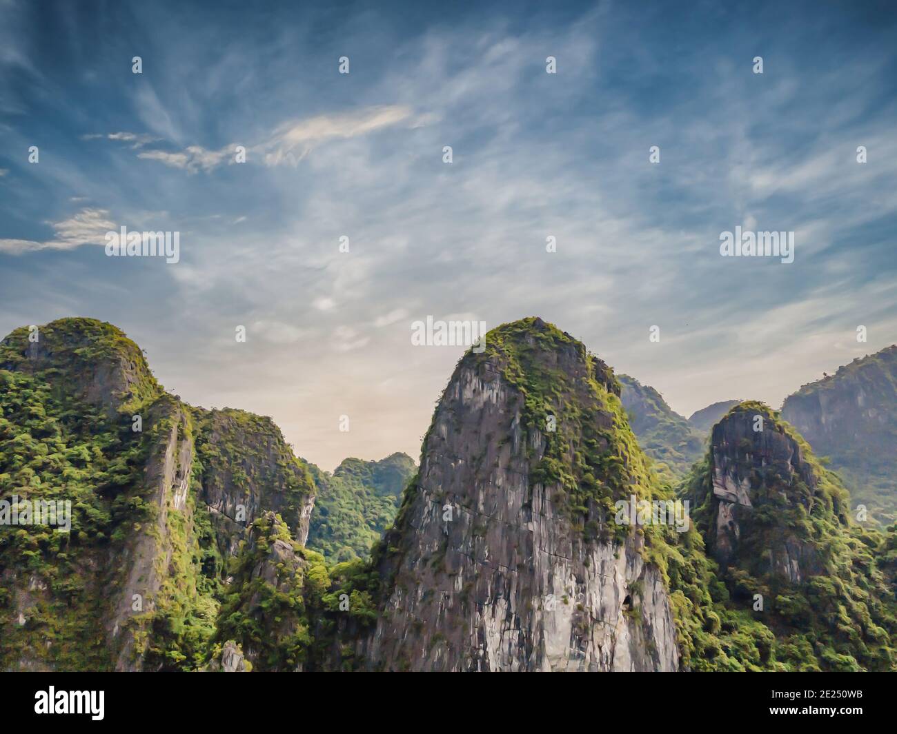 Aerial view panorama of floating fishing village and rock island ...