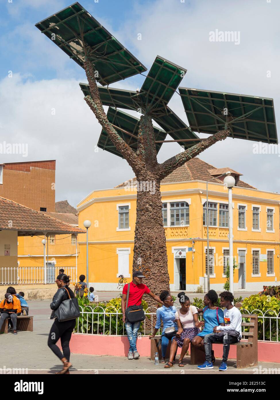 Solar panels in the pedestrian area. Town of Assomada (Somada). Island ...