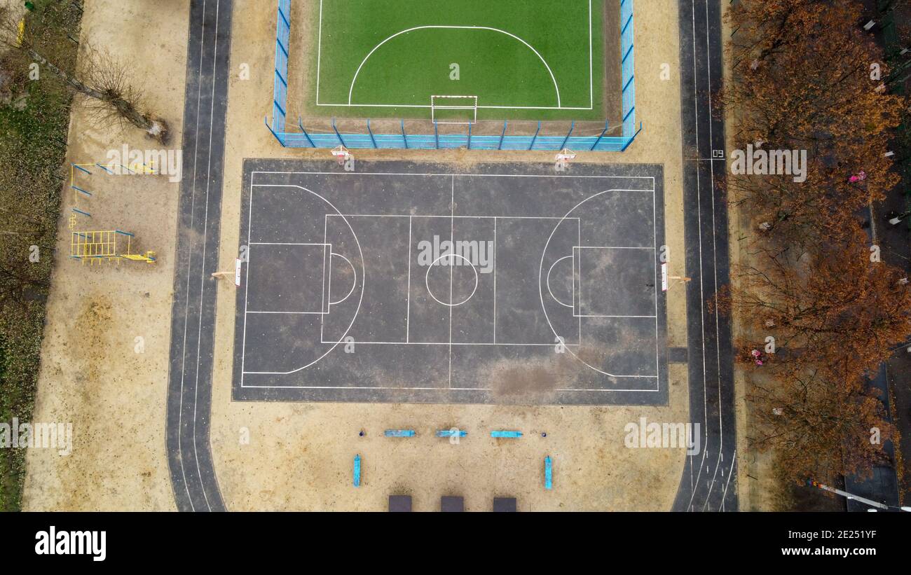 Top View, Bird eye view of school college with basketball and football ...