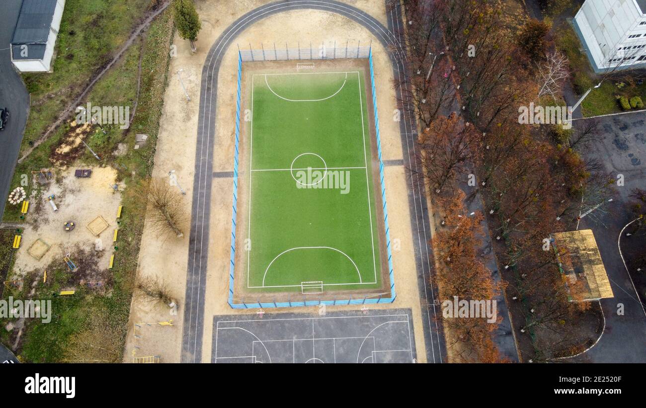 Top View, Bird eye view of school college with basketball and football ...