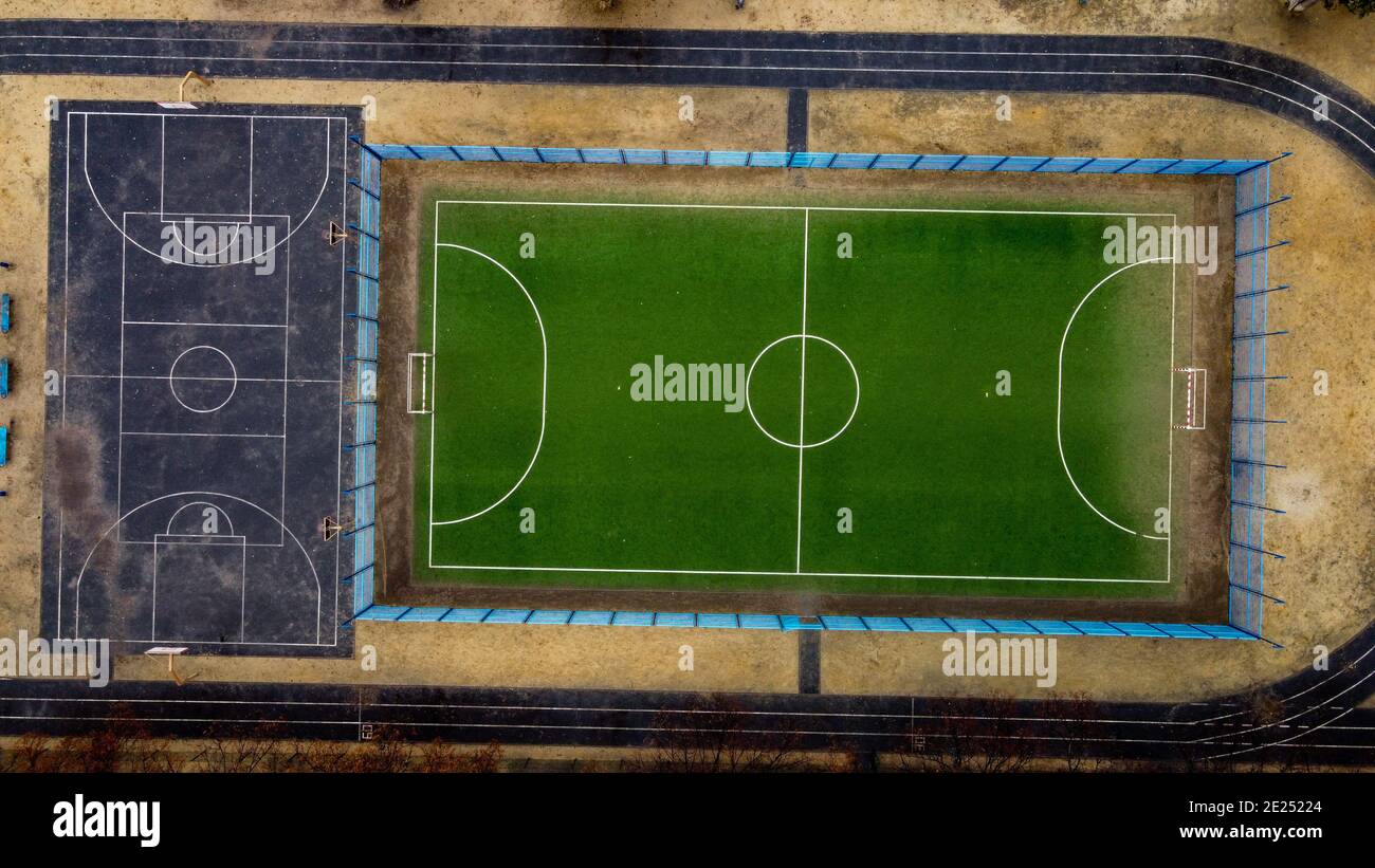 Top View, Bird eye view of school college with basketball and football ...