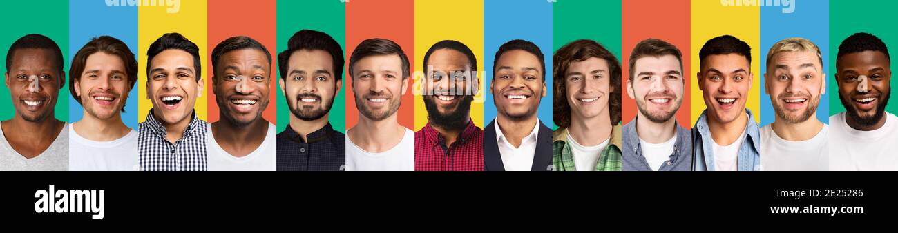 Happy Multicultural Men Posing Smiling On Colorful Backgrounds, Collage ...