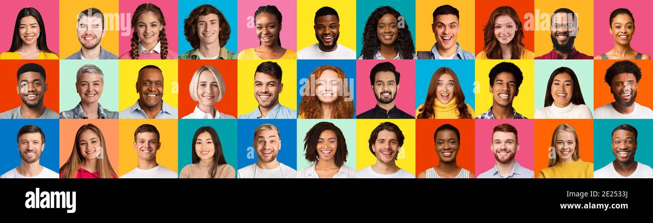 Set Of Different People Portraits Over Colored Backgrounds, Panorama ...