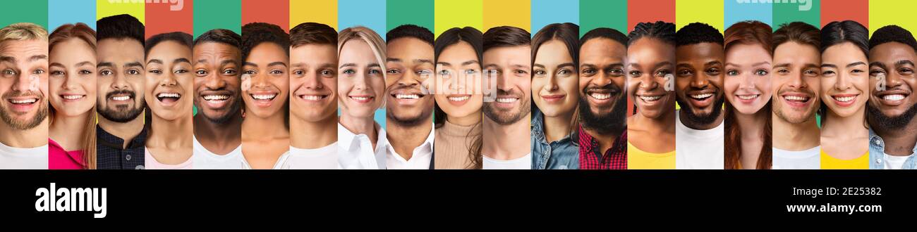 Young People Portraits In Row Collage Over Colorful Backgrounds ...