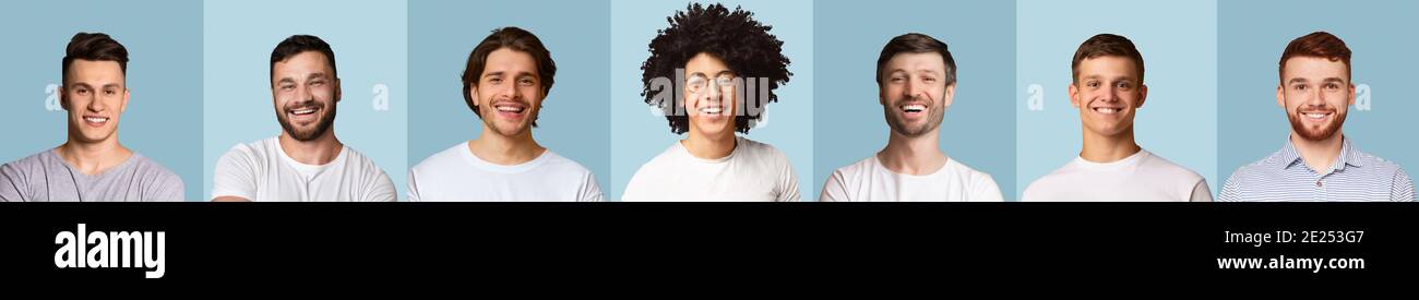 Portraits of happy multiracial men in a row Stock Photo - Alamy