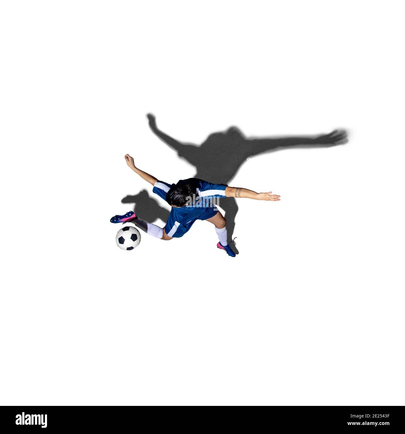 Top view of Caucasian man soccer player isolated on white background ...