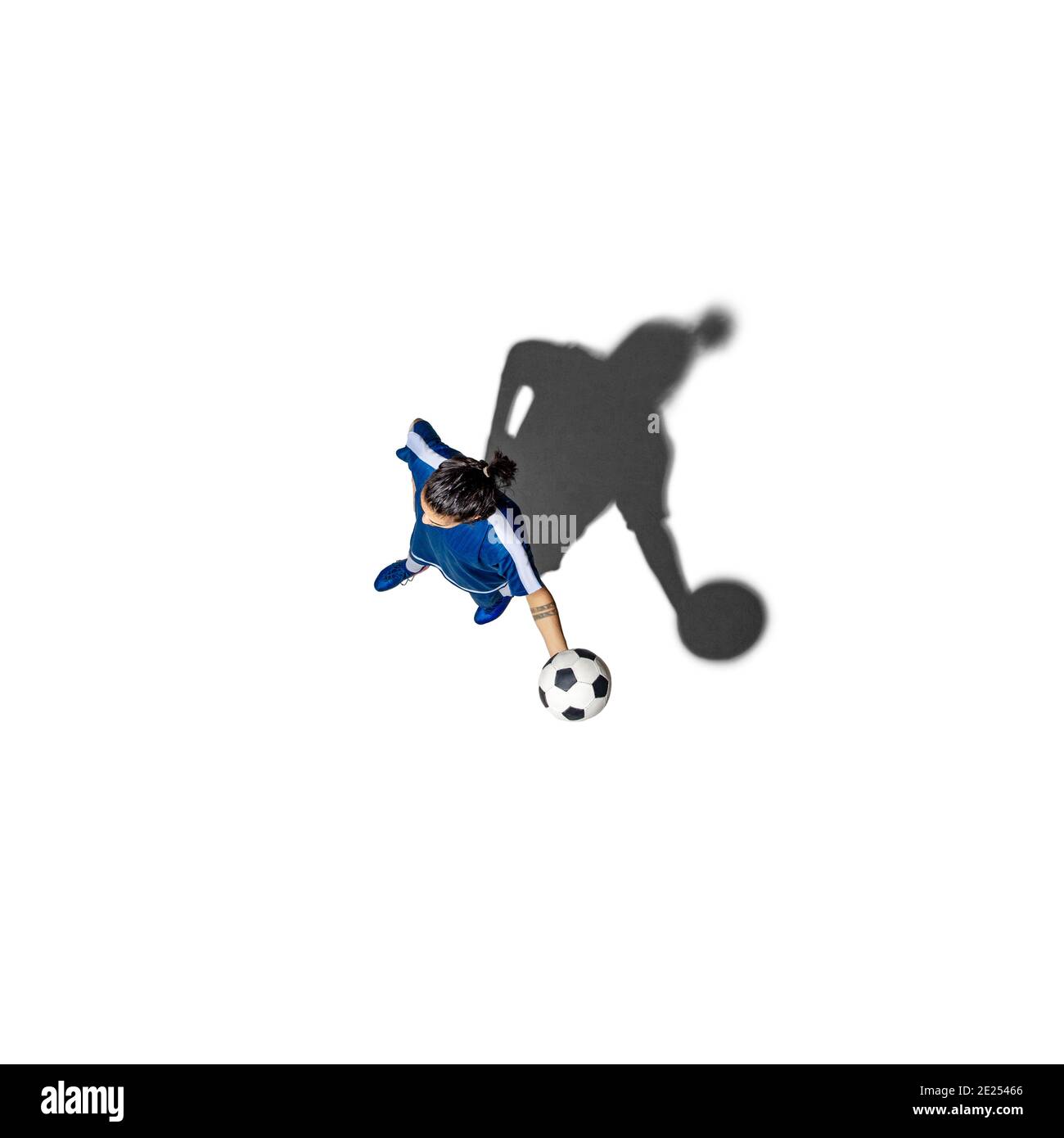 Top view of young man soccer player isolated over white background with ...