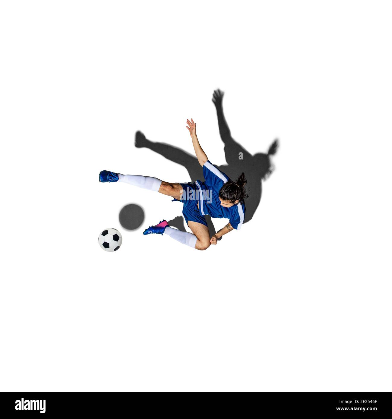 Top view of young man soccer player isolated over white background with ...