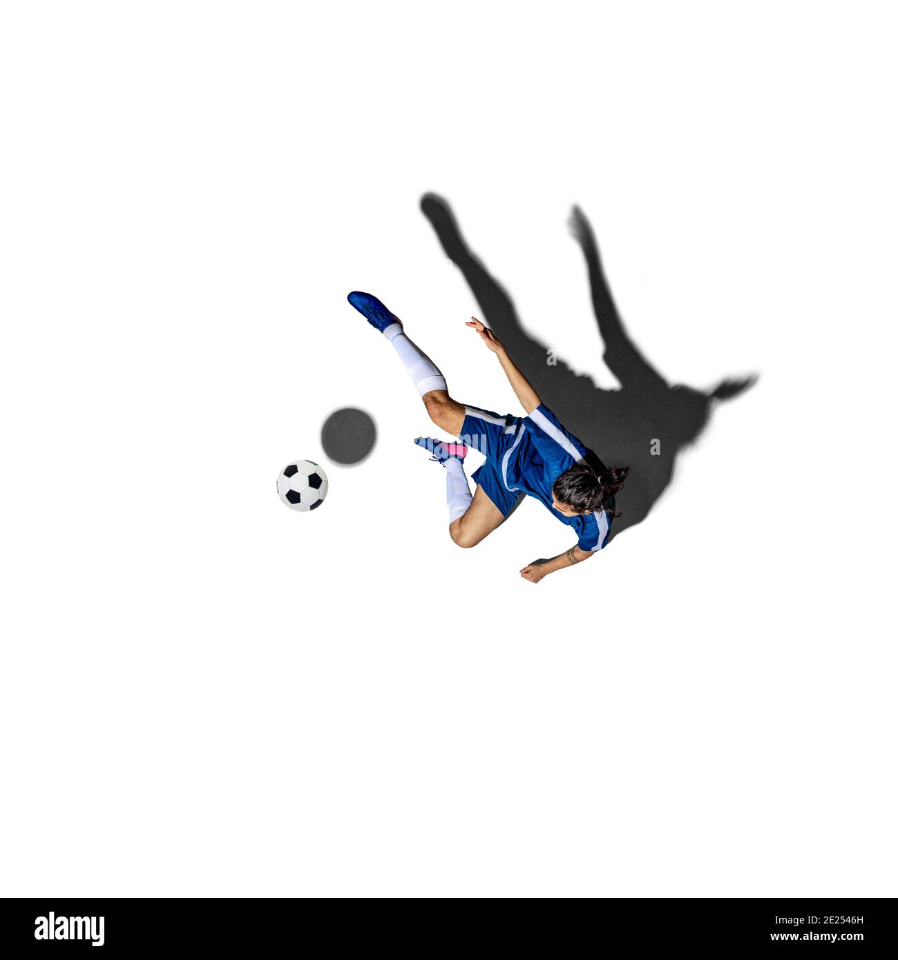 Top view of young man soccer player isolated over white background with ...