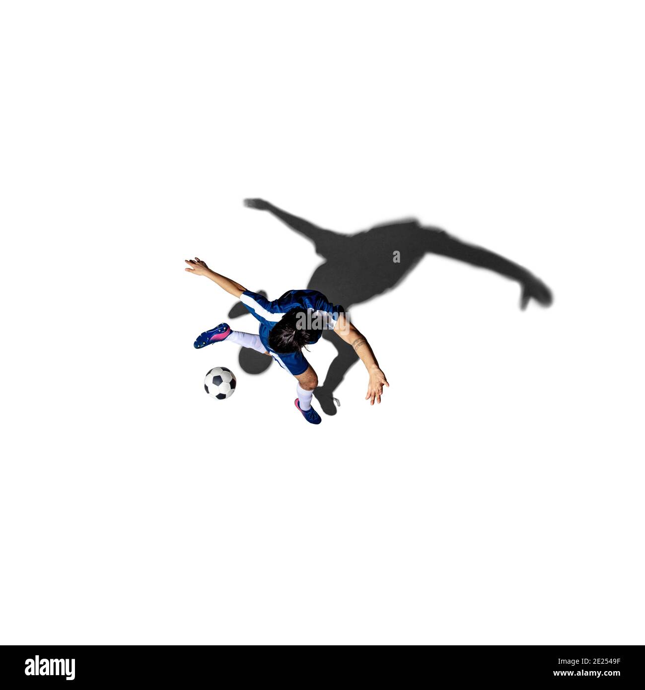 Top view of young man soccer player isolated over white background with ...