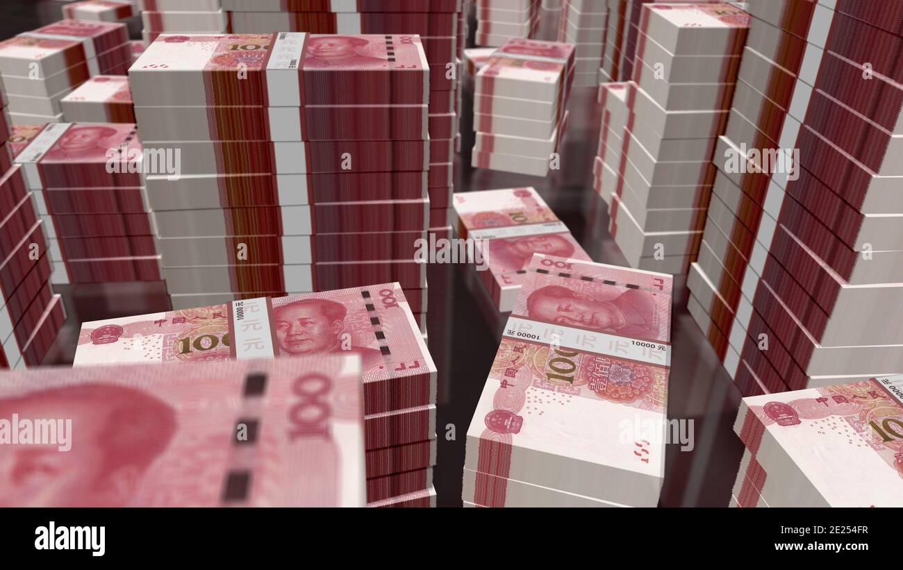 Chinese yuan money pack 3d illustration. 100 EUR banknote bundle stacks ...
