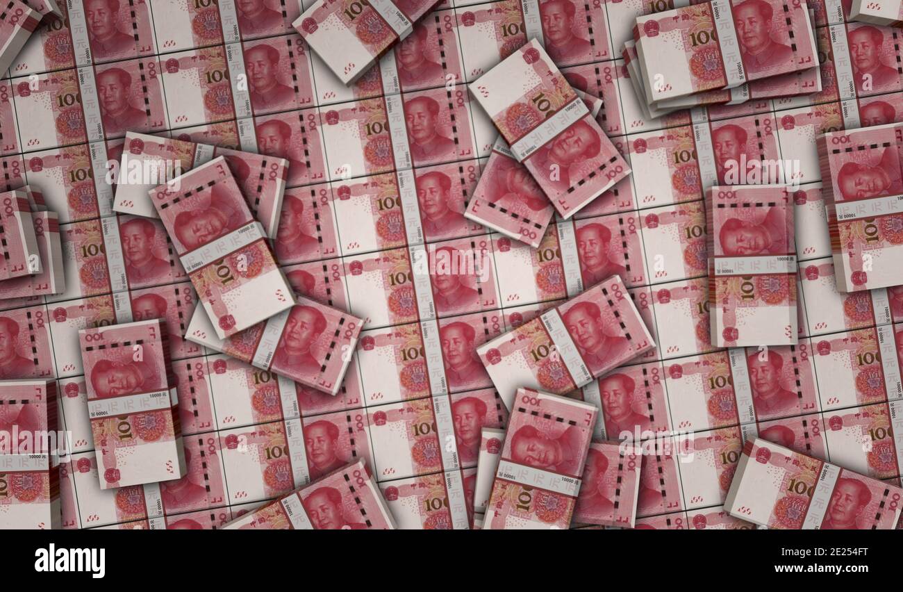 Chinese yuan money pack 3d illustration. 100 EUR banknote bundle stacks ...